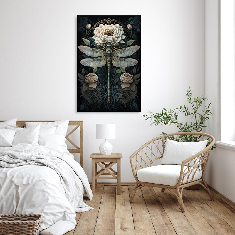 August Grove® Roses and Dragonfly - Wrapped Canvas Graphic Art | Wayfair